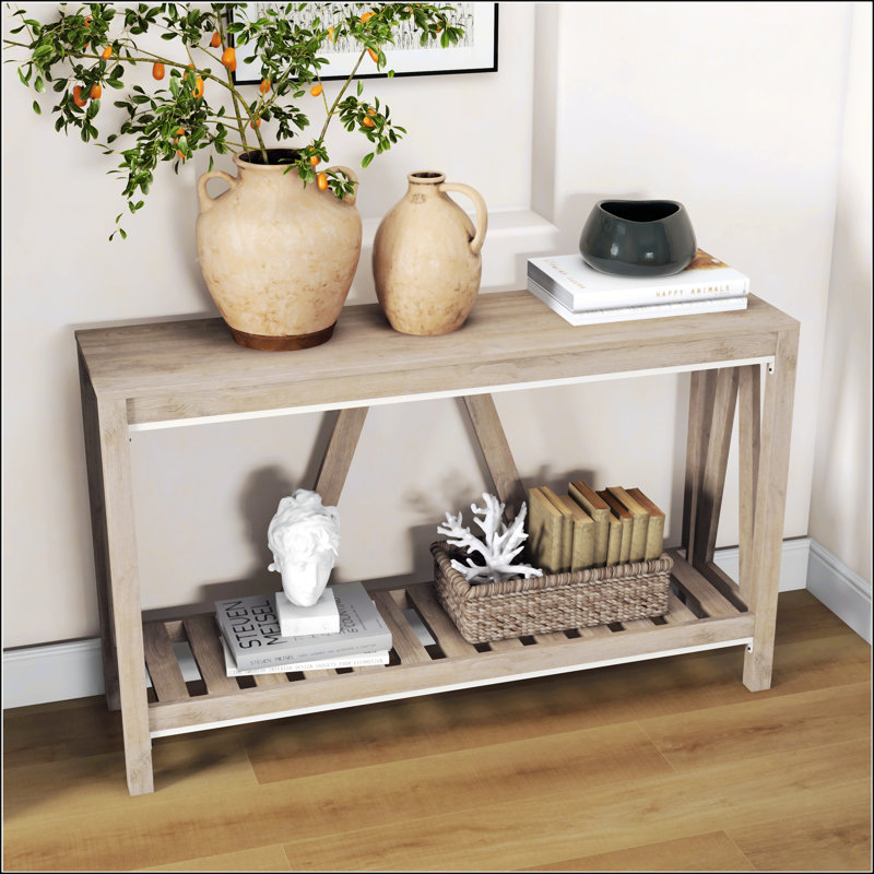Homcom Console Table Farmhouse Entryway Table with Storage Slatted Shelf Rustic Sofa Table with Anti Tipper for Living Room Hallway Gracie Oaks